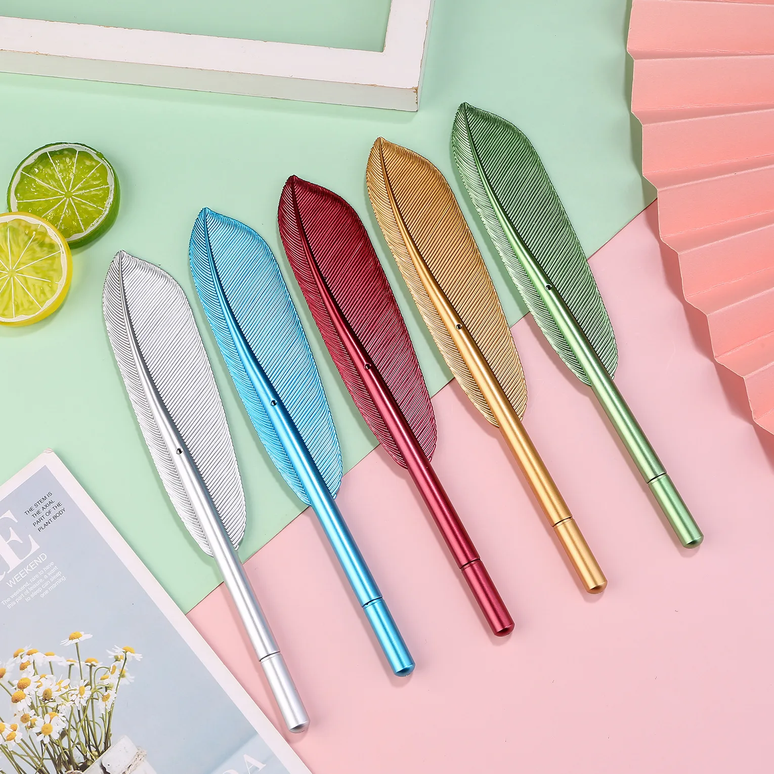 Wholesale creative shape color feather pen retro feather pen set gel ...