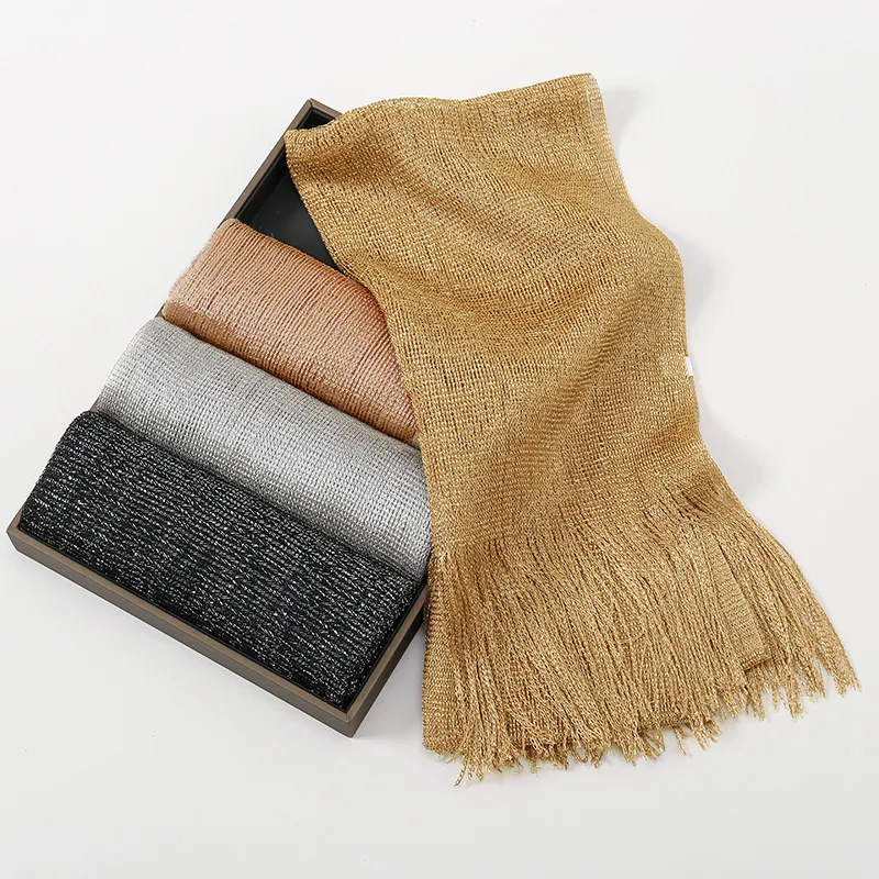 Wholesale women's elegant solid color gold and silver wire tassel scarf ...