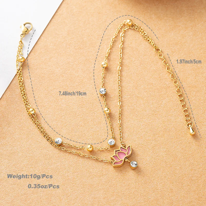 Wholesale Jewelry Y2K Hawaiian Beach Lotus Stainless Steel Artificial Gemstones Layered Anklet ...